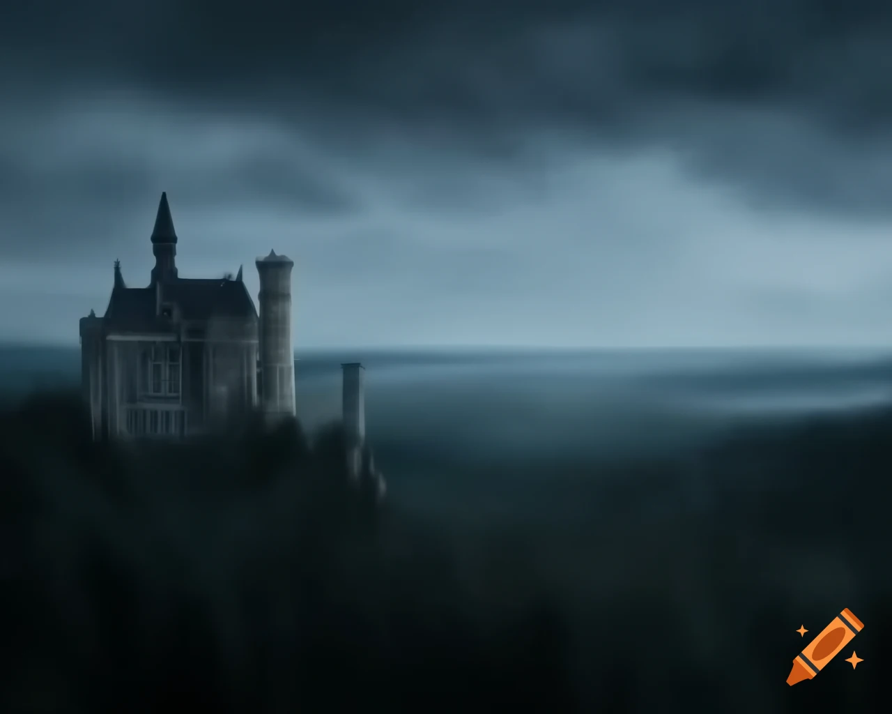 European castle with faint lights in a dark forest during bad weather ...