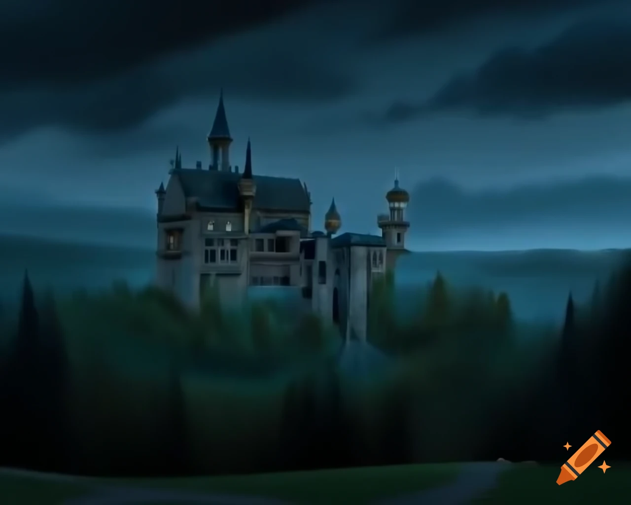 European castle in dark landscape with faint lights and vast forest in ...