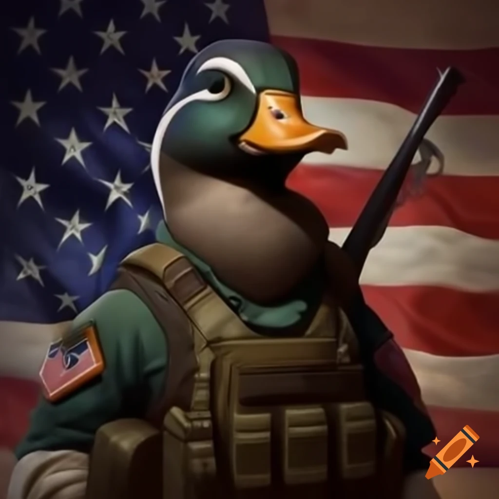 Anthropomorphic wood duck in tactical gear standing guard over American ...