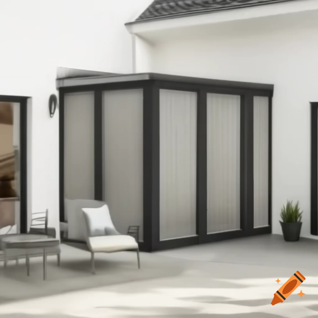 Veranda with four windows viewed from outside, one window with lowered ...