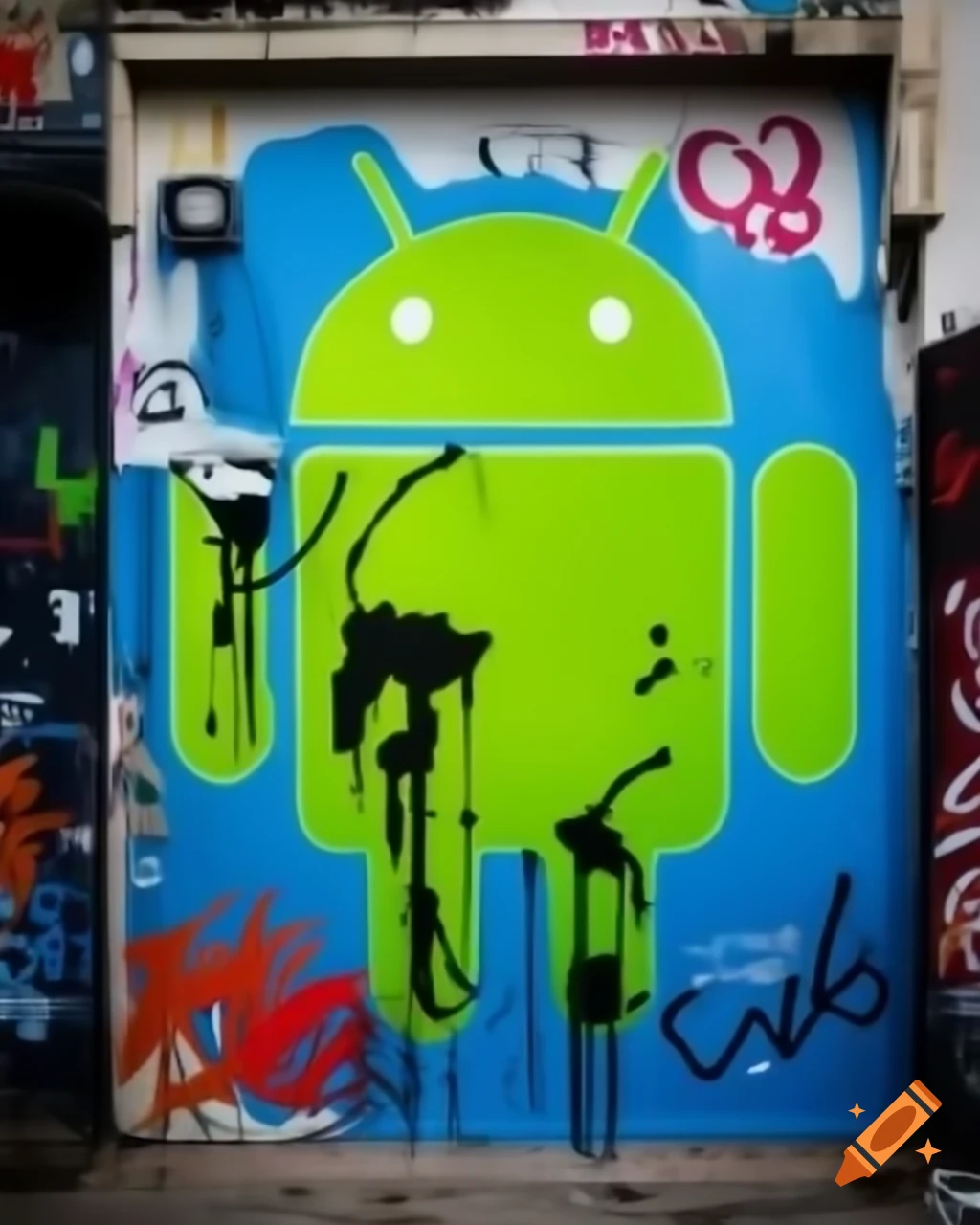 Multicolored abstract street graffiti featuring Android logo on Craiyon
