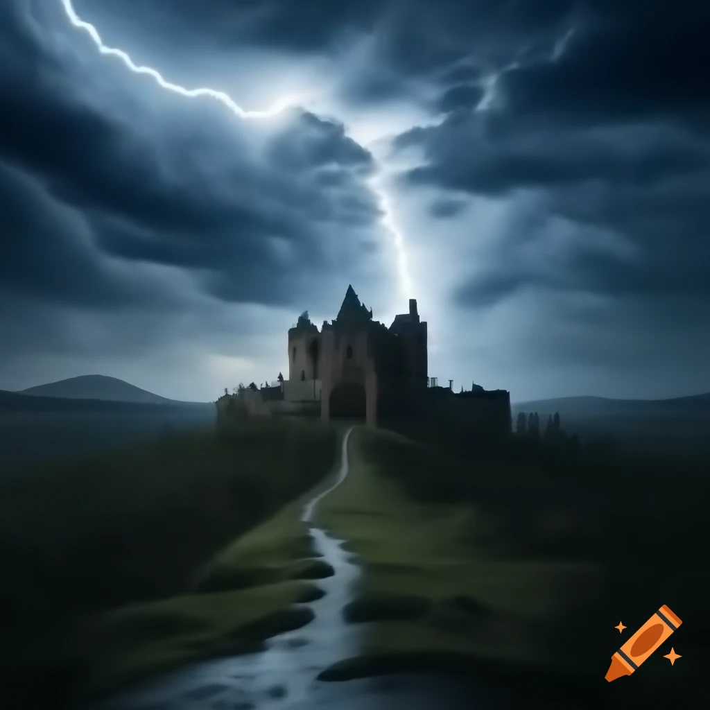 Old western castle in bad weather with lightning and vast forest on Craiyon
