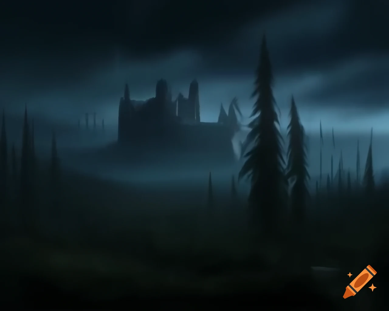 Western castle in dark landscape with bad weather and vast forest at ...