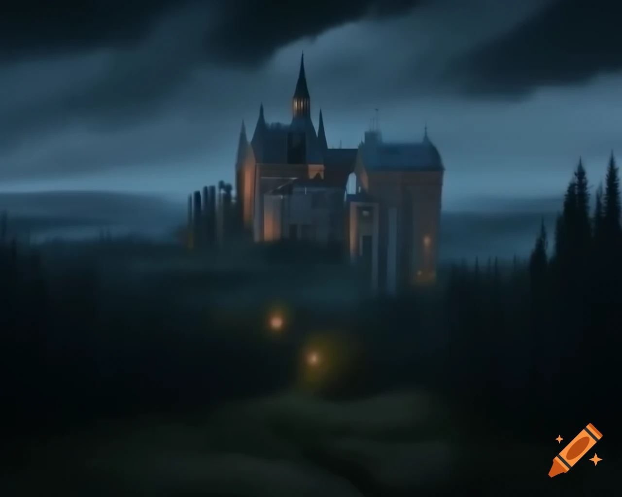 European castle with faint lights surrounded by vast forest in dark ...