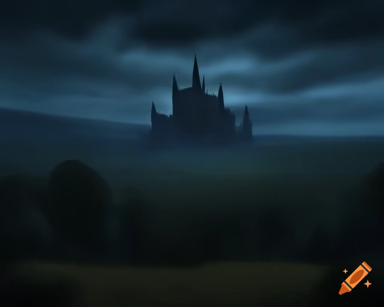 Western castle in dark landscape with bad weather and vast forest at ...