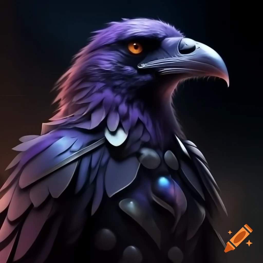 Ancient raven warrior in sharp black suit with violet feathers on Craiyon