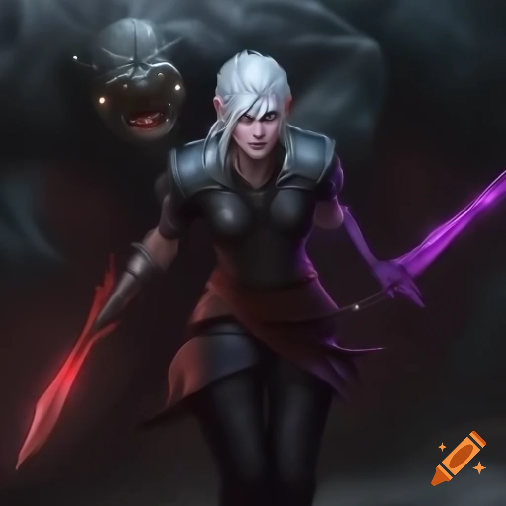 Dark-elf witcher in leather armor standing over defeated monster on Craiyon