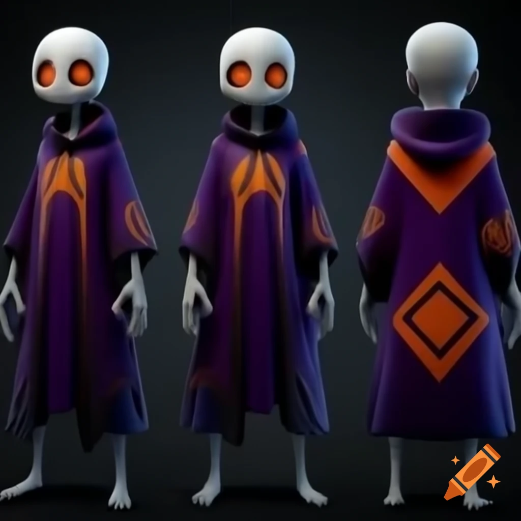 Skeleton character in tattered purple robe with orange patterns ...