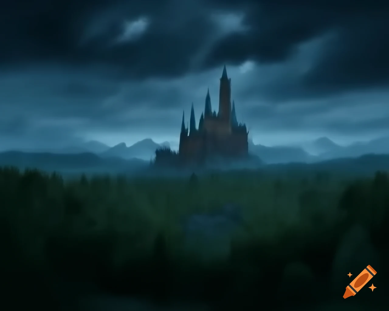 European castle in dark landscape with vast forest and bad weather at ...