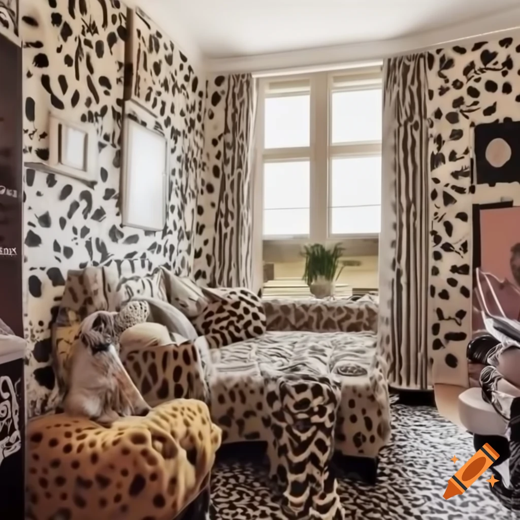 Bedroom decorated with leopard print wallpaper and sofa, featuring a ...
