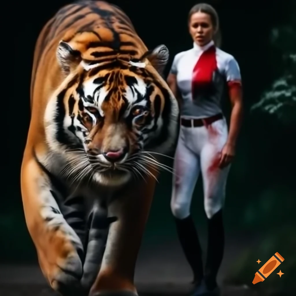 Beast trainer woman in black riding boots with a huge tiger on Craiyon