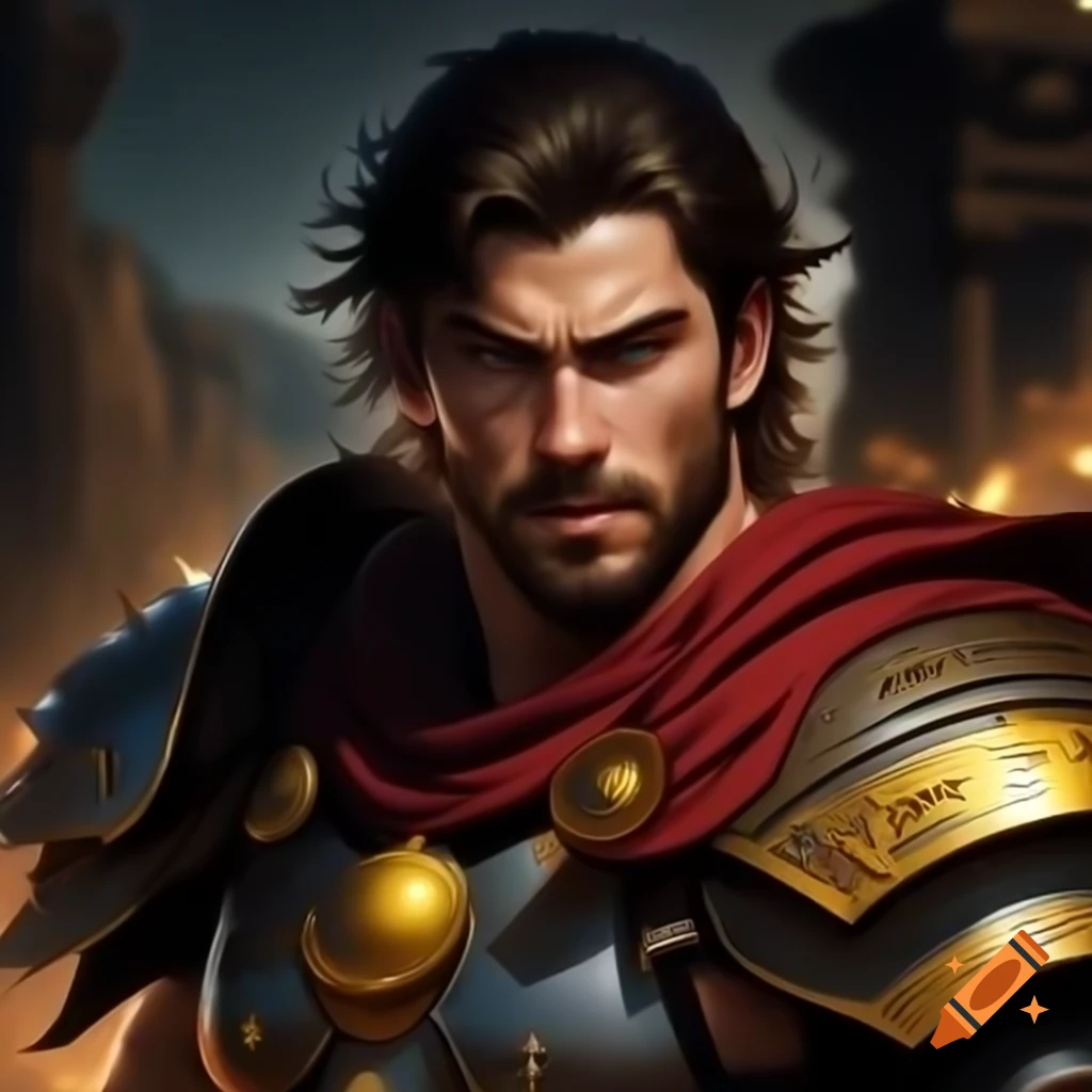 Anime illustration of muscular Roman Knight in action with battle scars ...