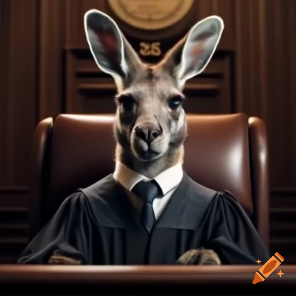 Kangaroo sitting in judge's seat in a courtroom setting on Craiyon