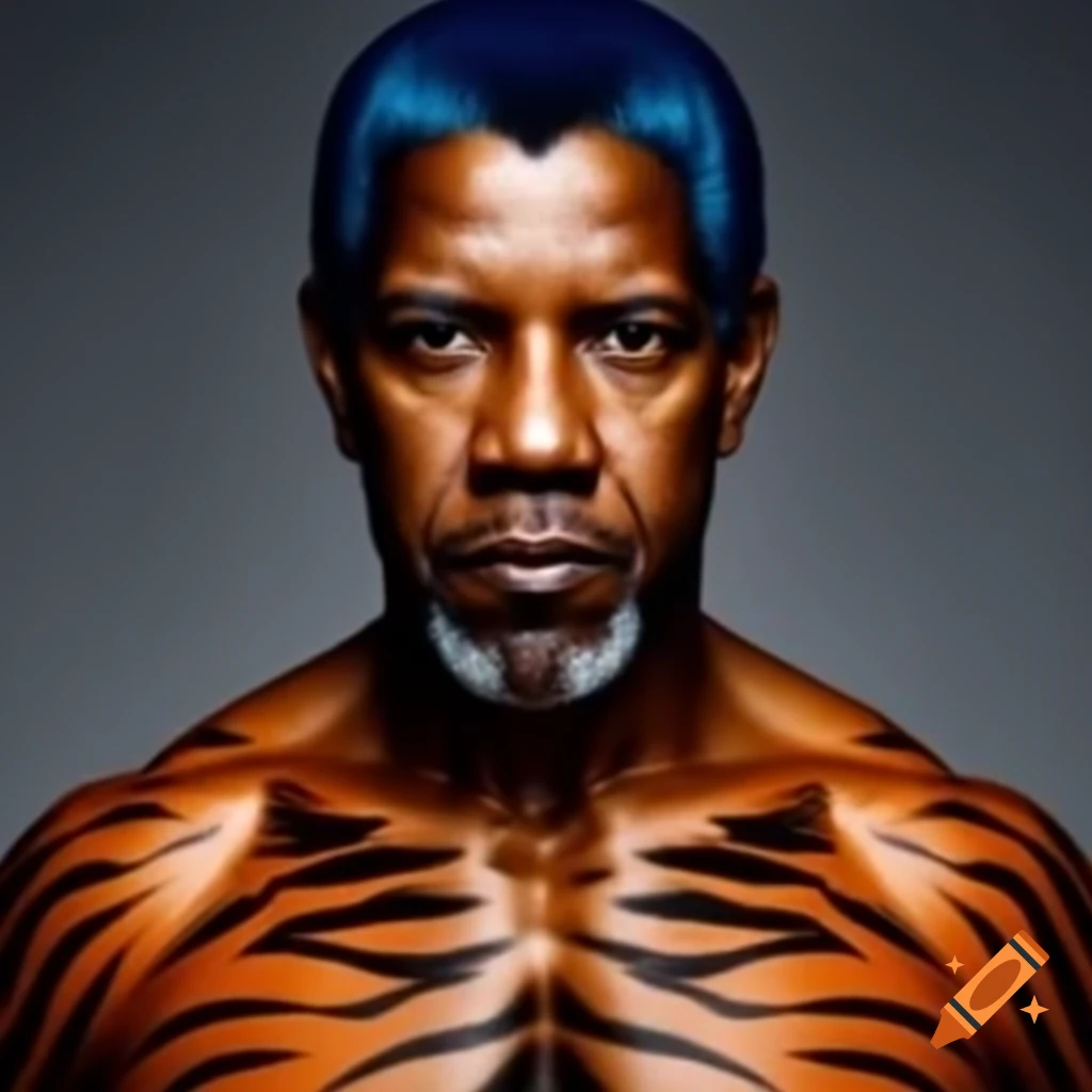 Muscular figure with tiger-style makeup featuring blue hair and orange ...