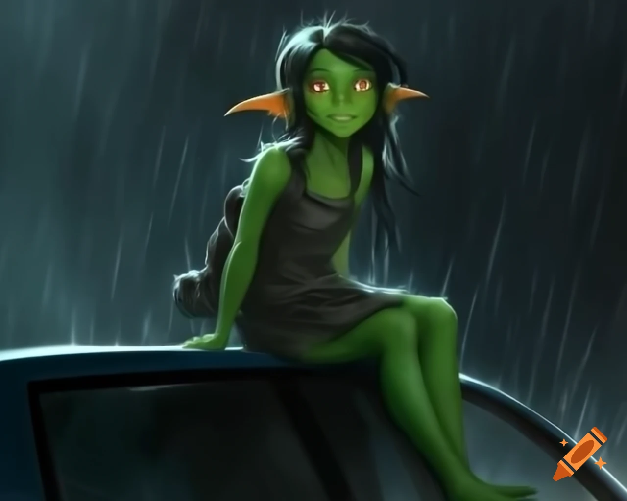Hyper-realistic green-skinned goblin girl perched on car in rain, anime ...