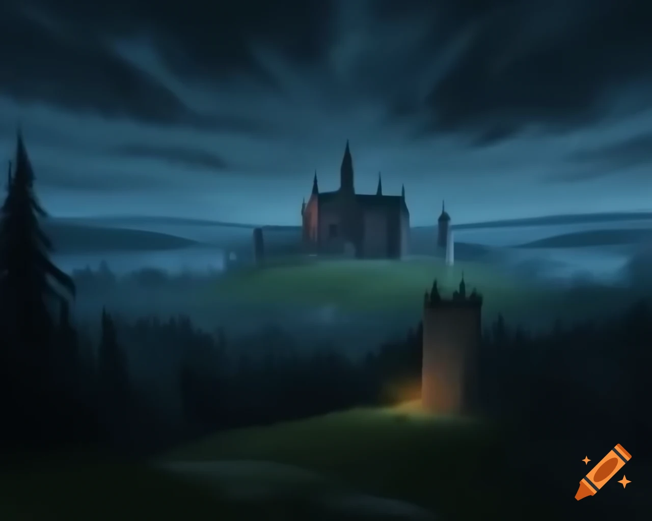 European castle with faint lights in dark landscape and vast forest at ...