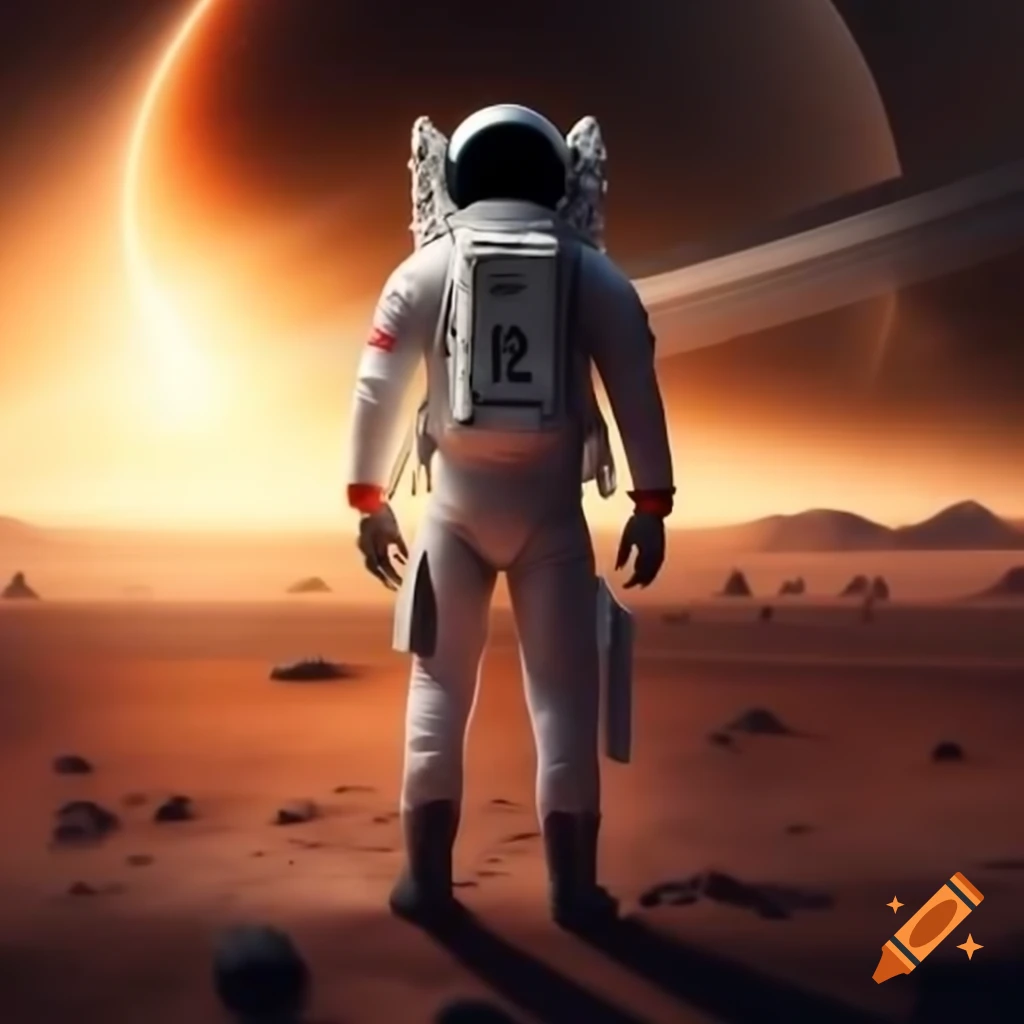 Astronaut on Mars at sunset observing Saturn rising on Craiyon