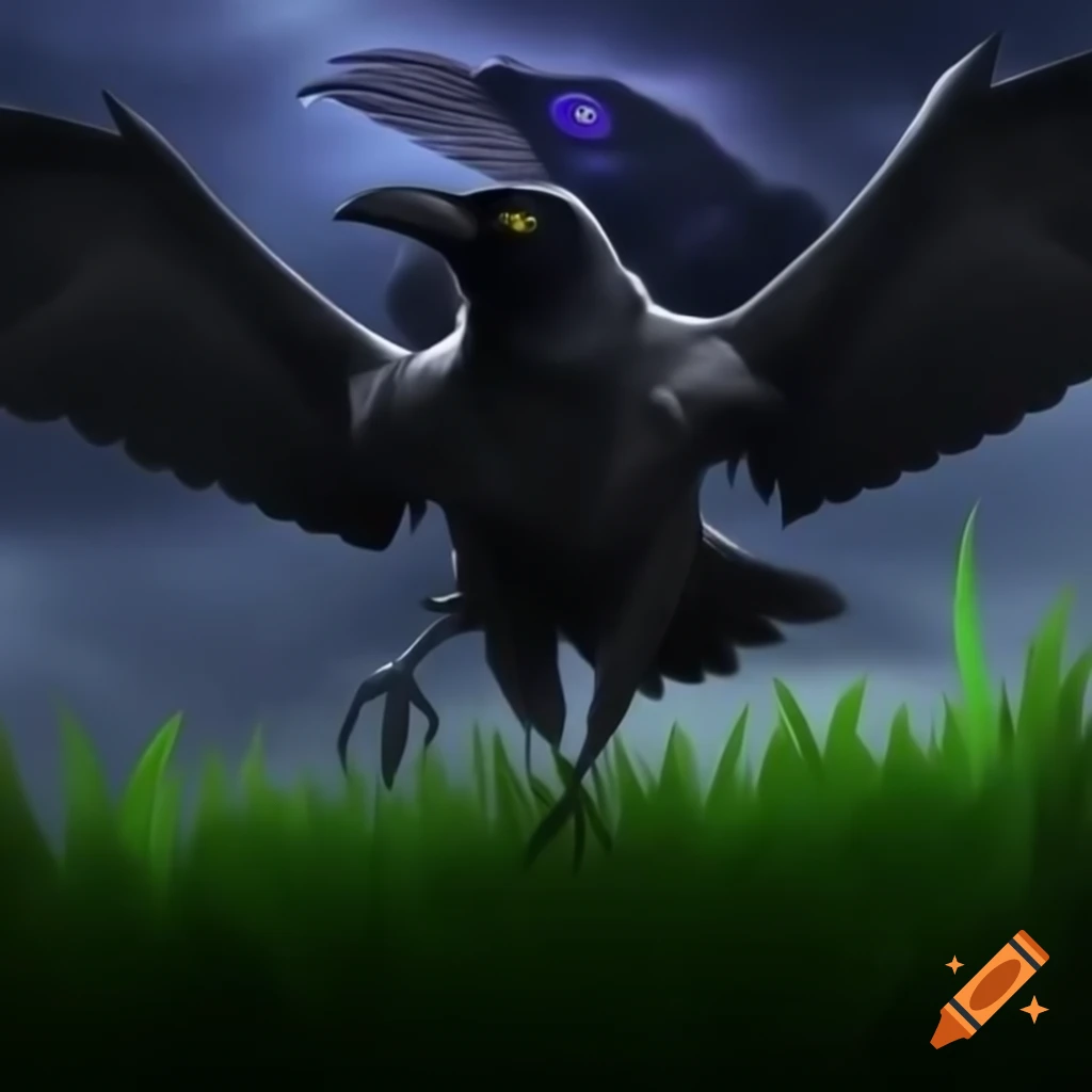 Close-up of raven eye with stormy sky and other ravens on grass on Craiyon