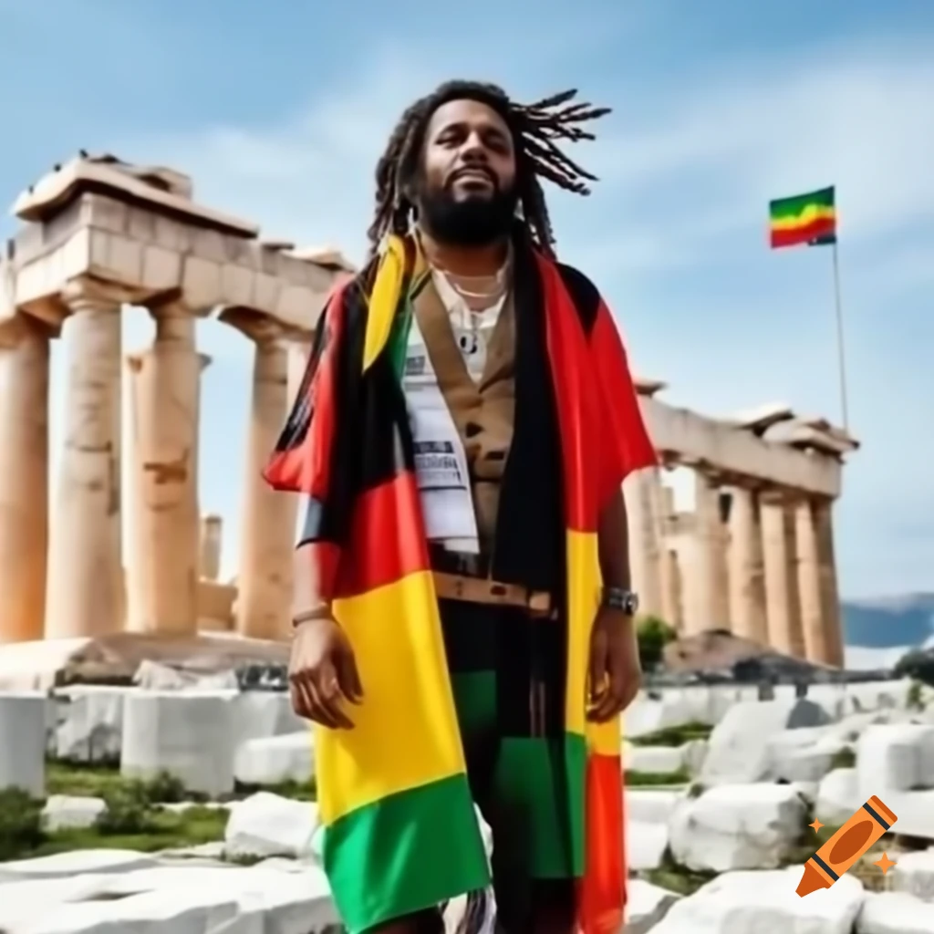 Man dressed in reggae clothes holding a red flag at the Acropolis on ...