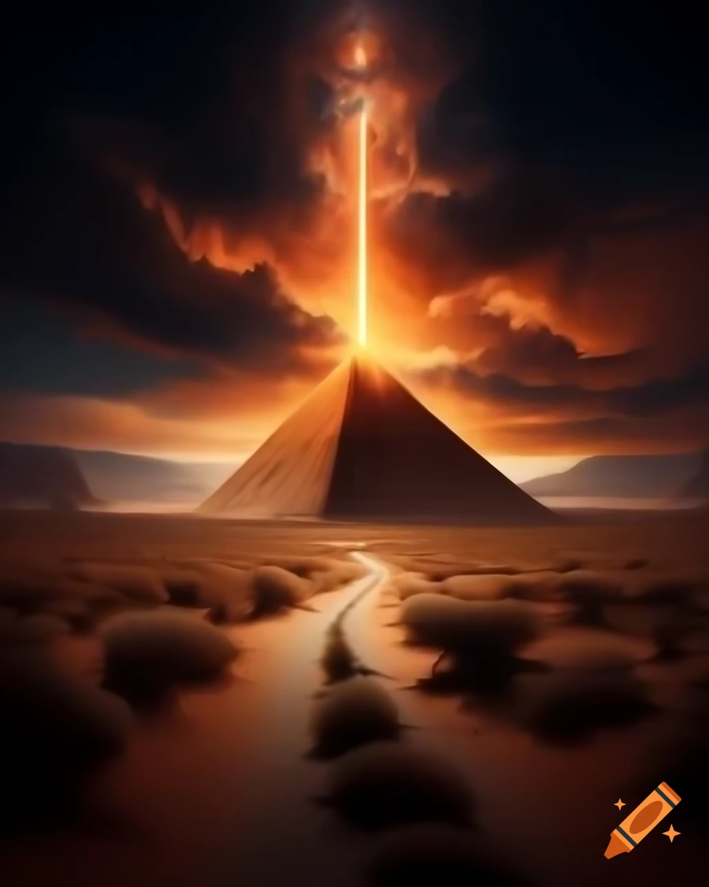 Winding path through desert leading to glowing pyramid with symbols of ...