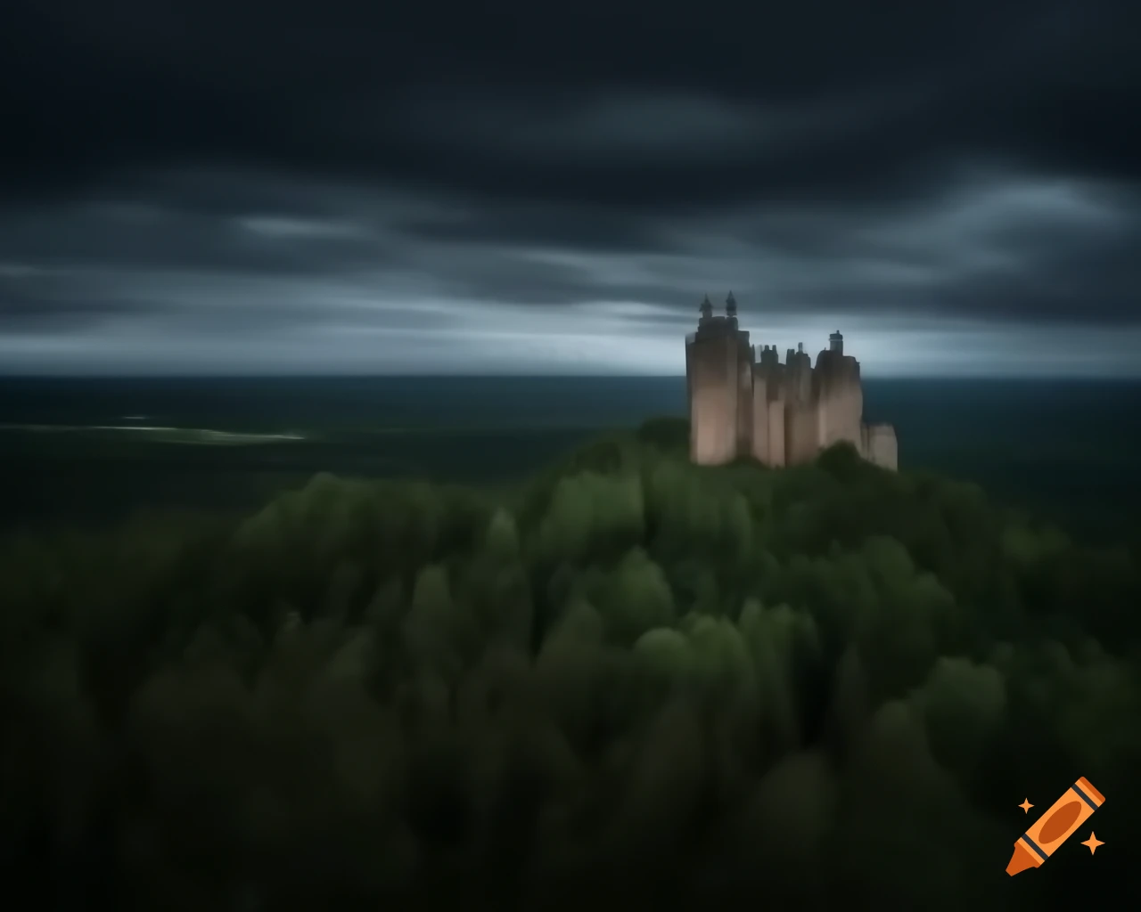Western castle in dark landscape with vast forest and bad weather at ...