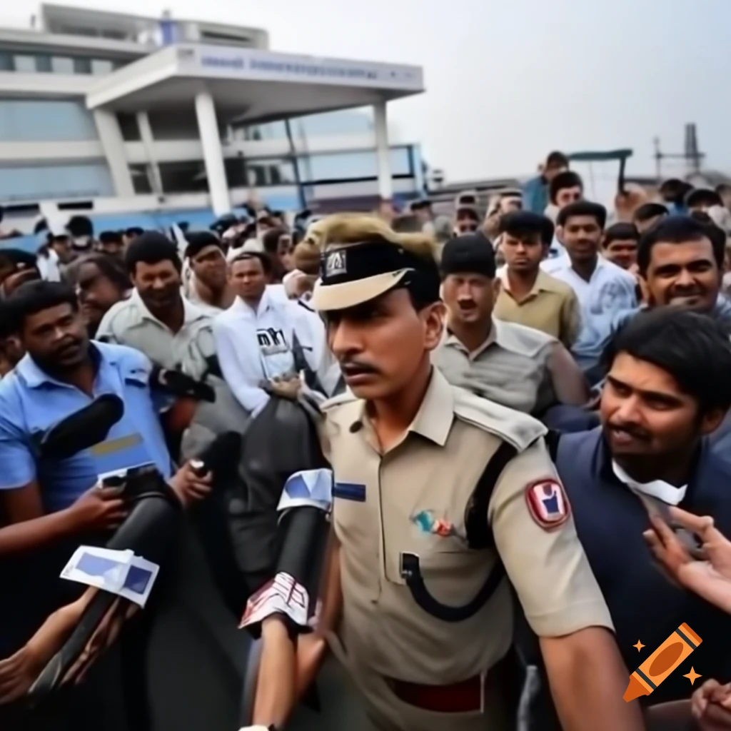 Indian police officer in khaki uniform walking through busy crowd with ...