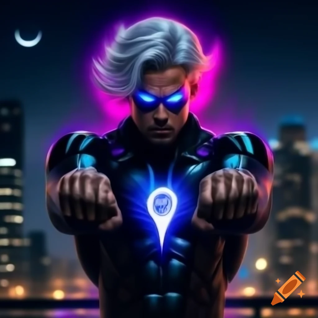 Superhero with silver hair and glowing suit flying over cityscape at ...