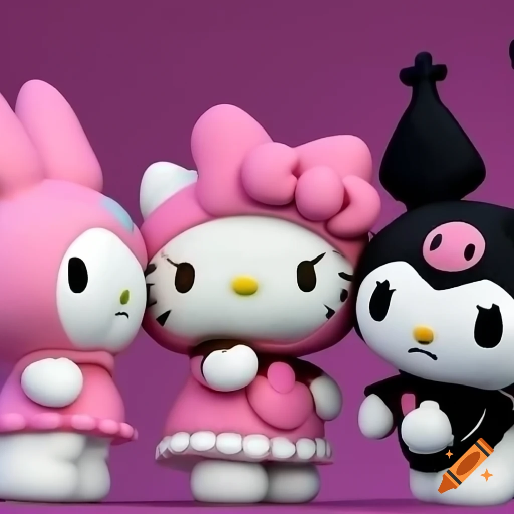 Hello Kitty, My Melody, and Kuromi trio in 3D style on Craiyon
