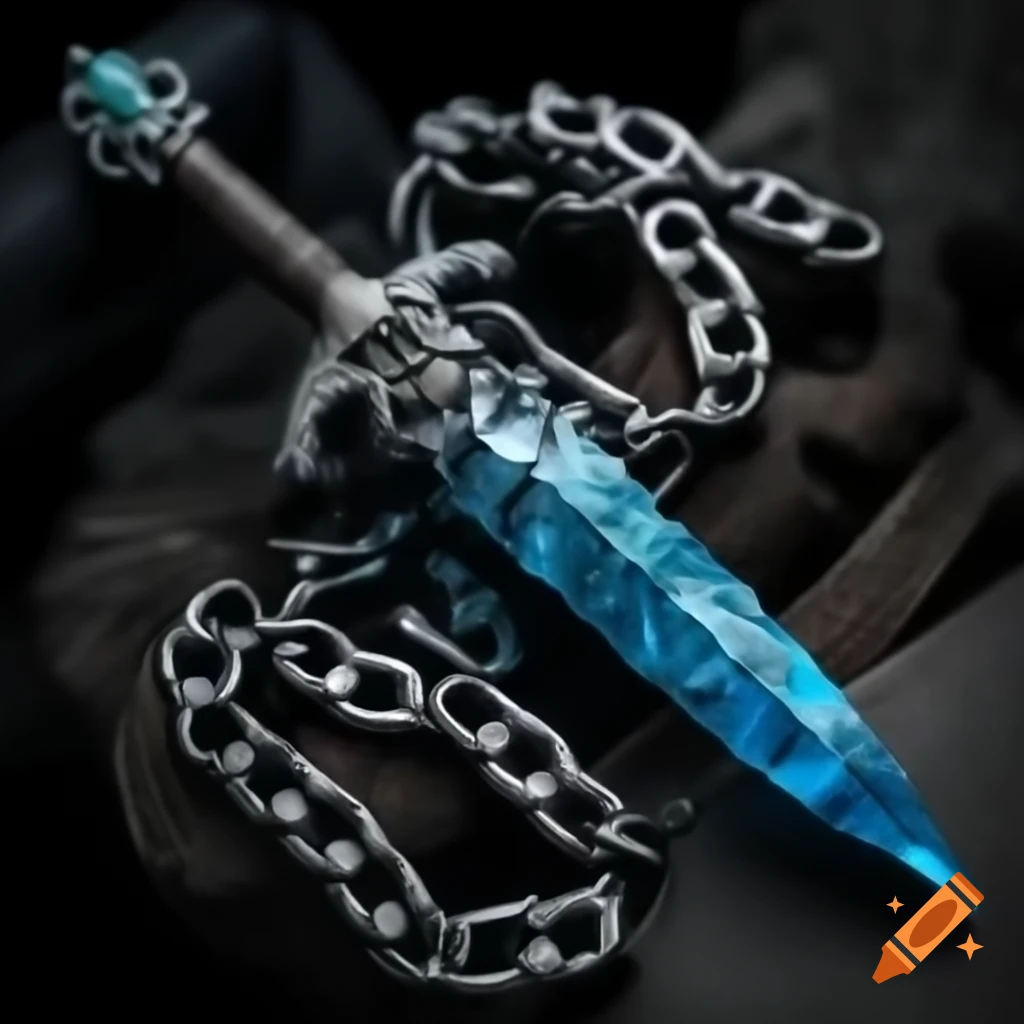 Curled steel chain whip with blue crystal dagger, captivating weapon ...