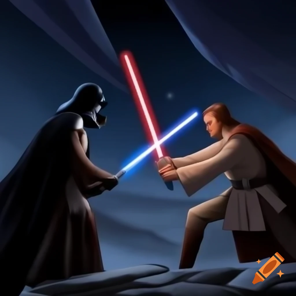 Legendary duel between Obi-Wan Kenobi and Darth Vader under starlit sky ...