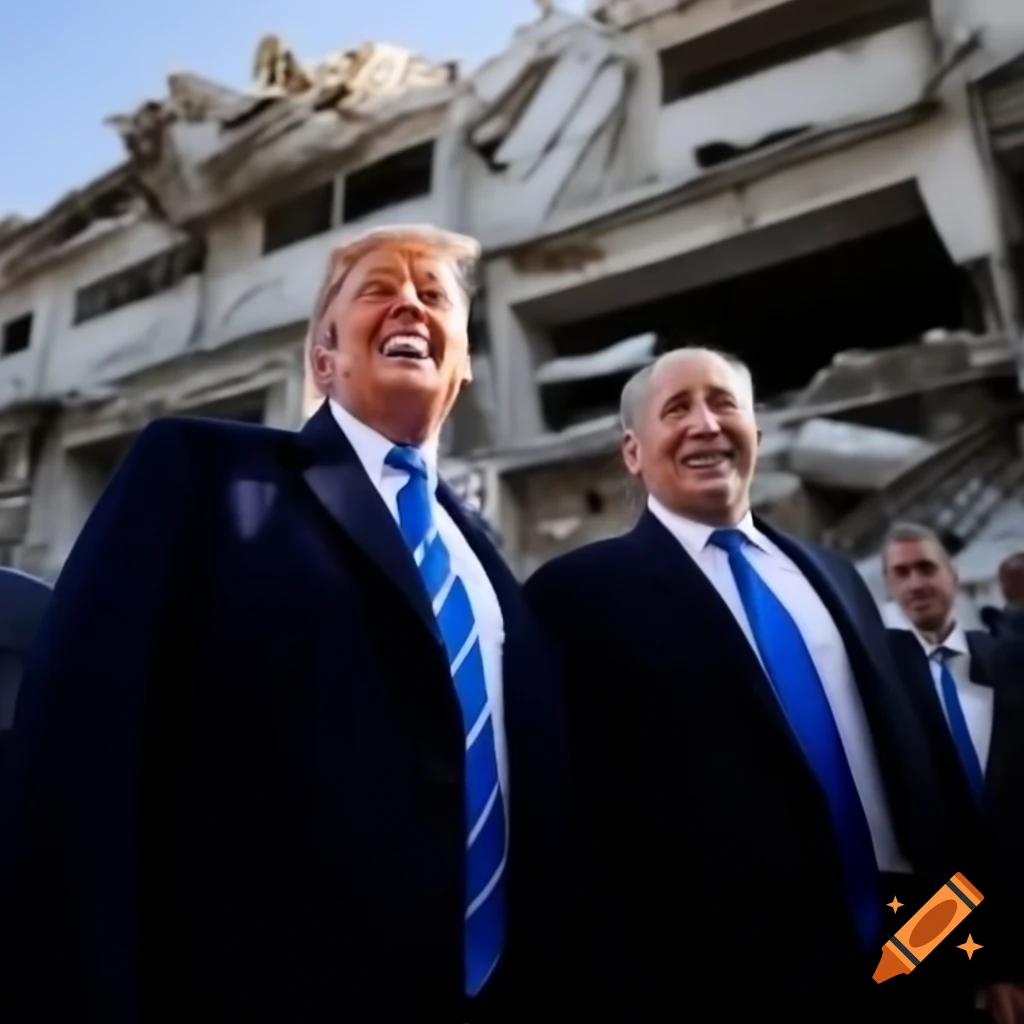 Trump and netanyahu sharing a laugh amidst rubble on Craiyon