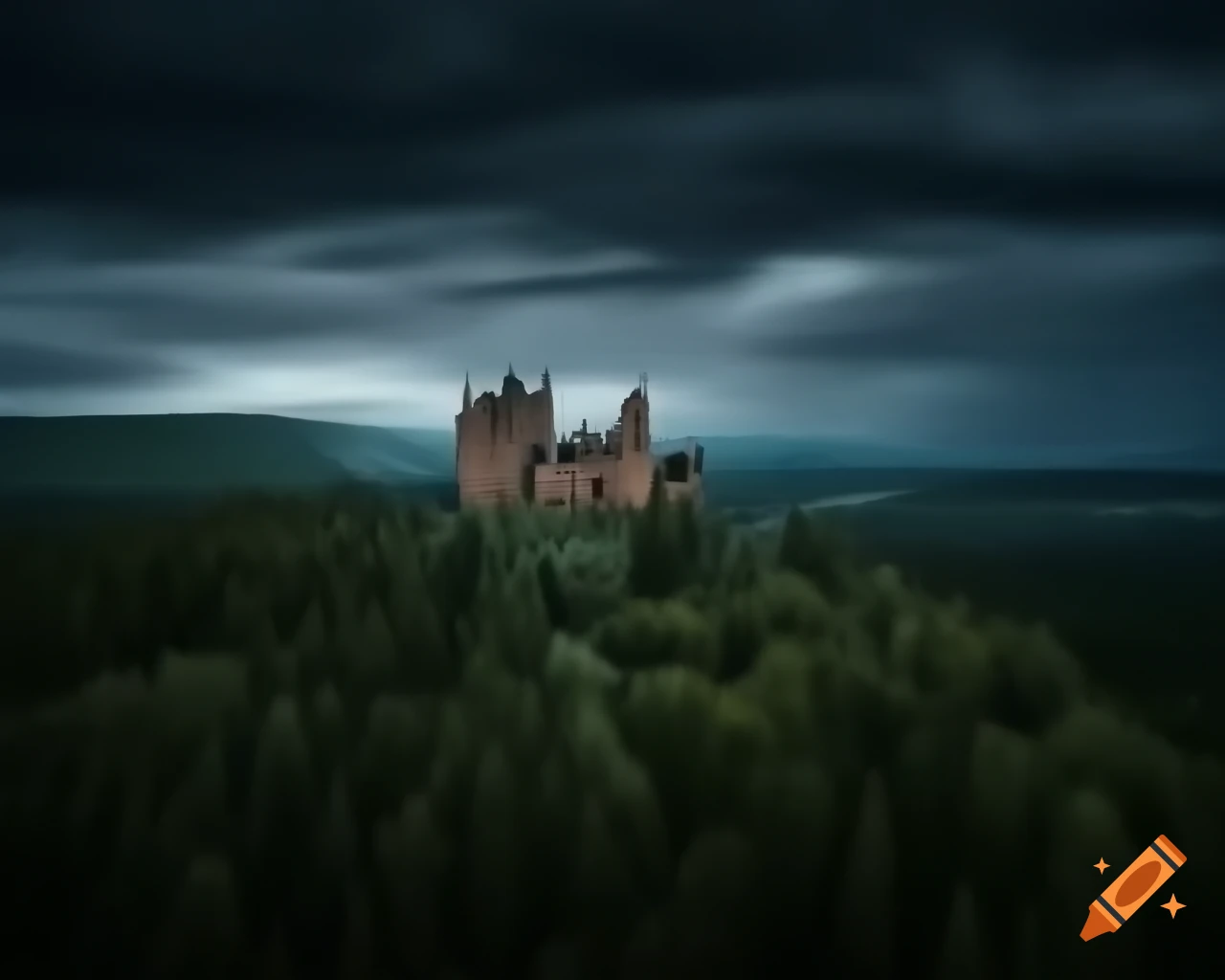 Western castle in dark landscape with bad weather and vast forest at ...