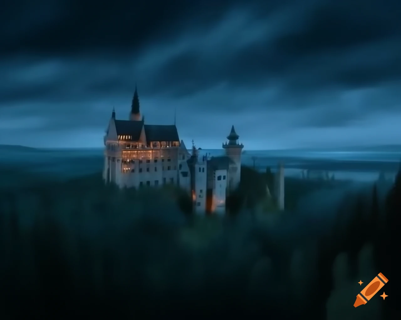 Dark landscape of european castle with faint lights and forest in bad ...