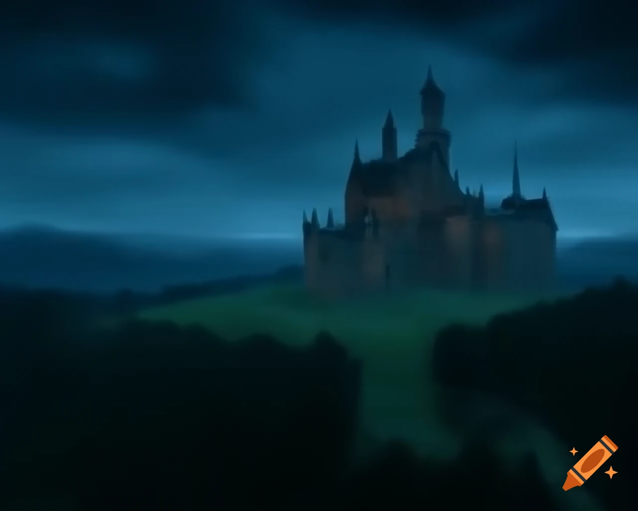 European castle with faint lights in dark, stormy landscape surrounded ...