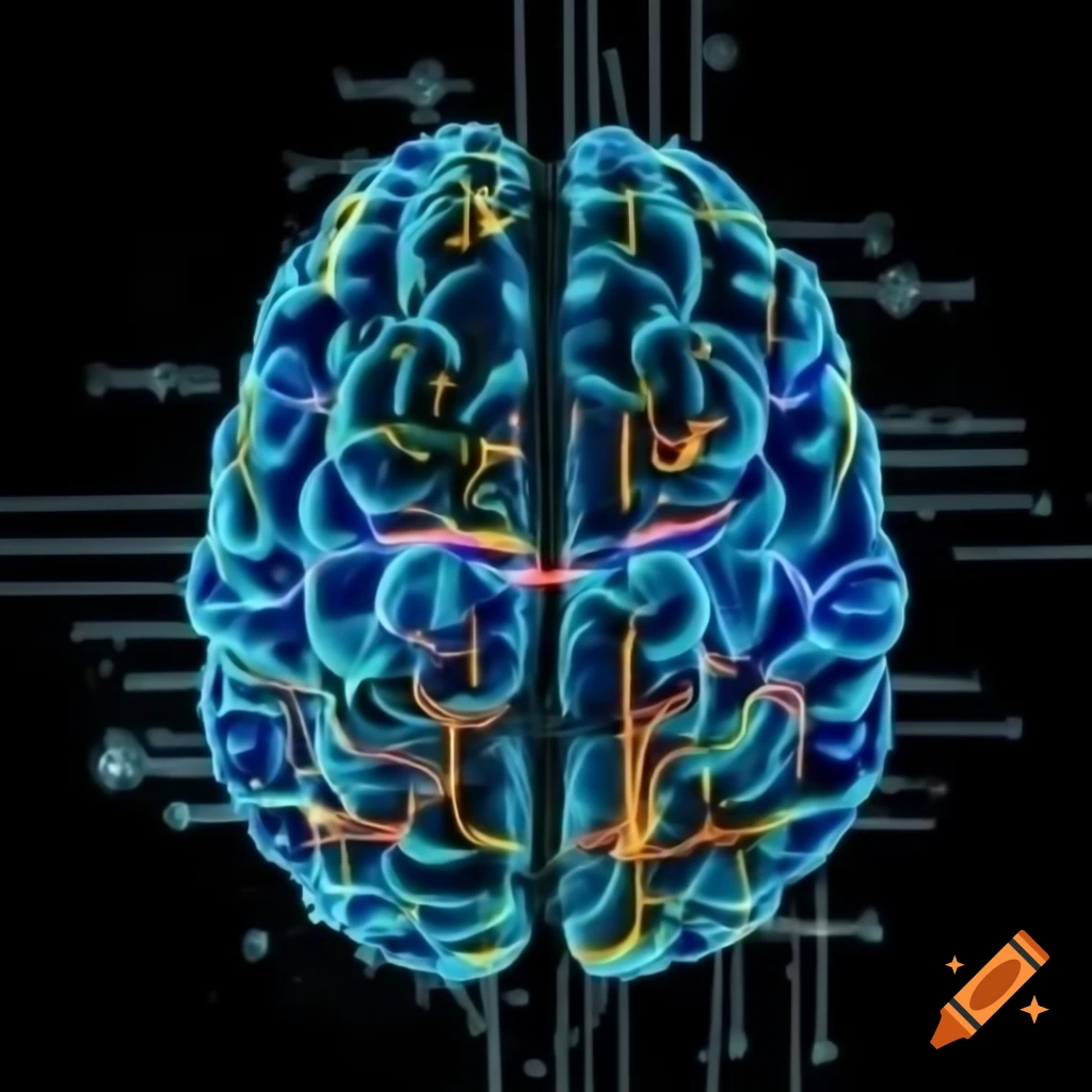 Brain with electronic circuits symbolizing AI and neural networks on Craiyon