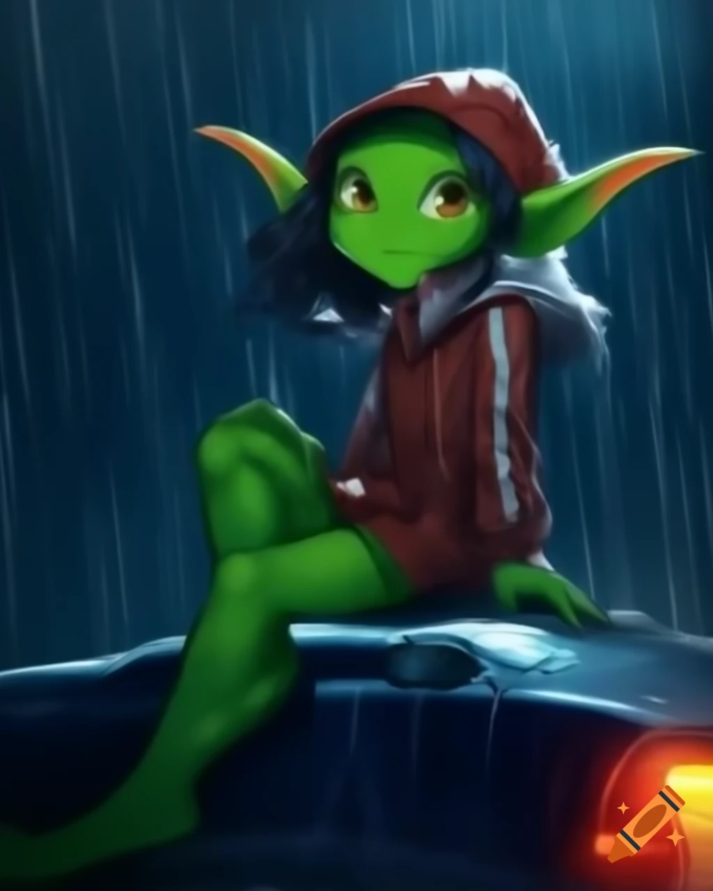 Goblin girl in anime style standing on car in the rain on Craiyon