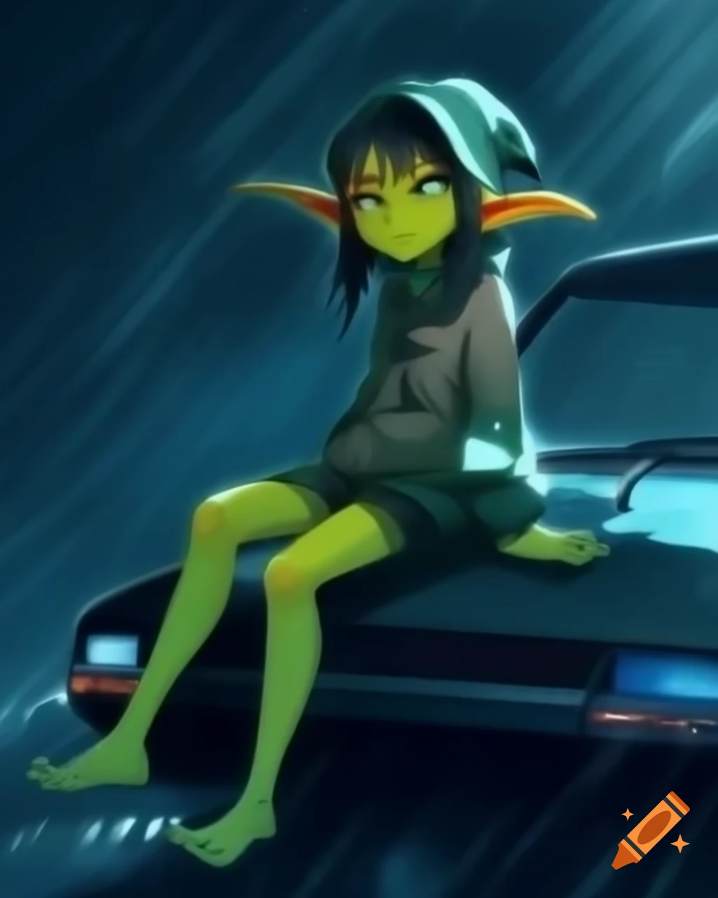 Goblin girl sitting on car in rain, anime style on Craiyon