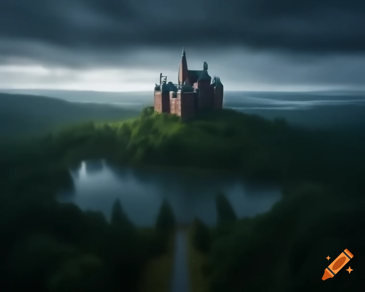 Western castle surrounded by lake in dark, rainy landscape on Craiyon