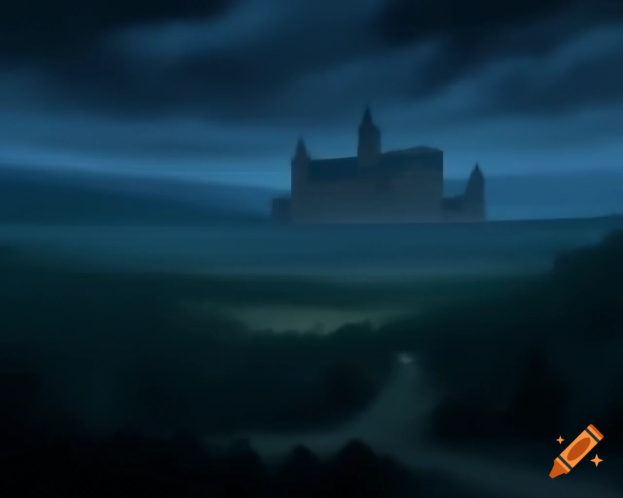 European castle with faint lights in dark, forested landscape during ...