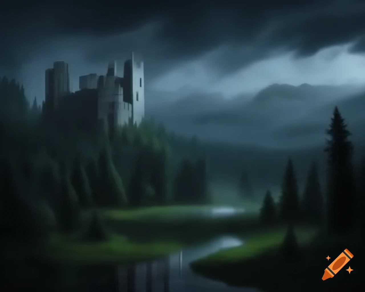 Old western castle in heavy rain at midnight with large lake and forest ...