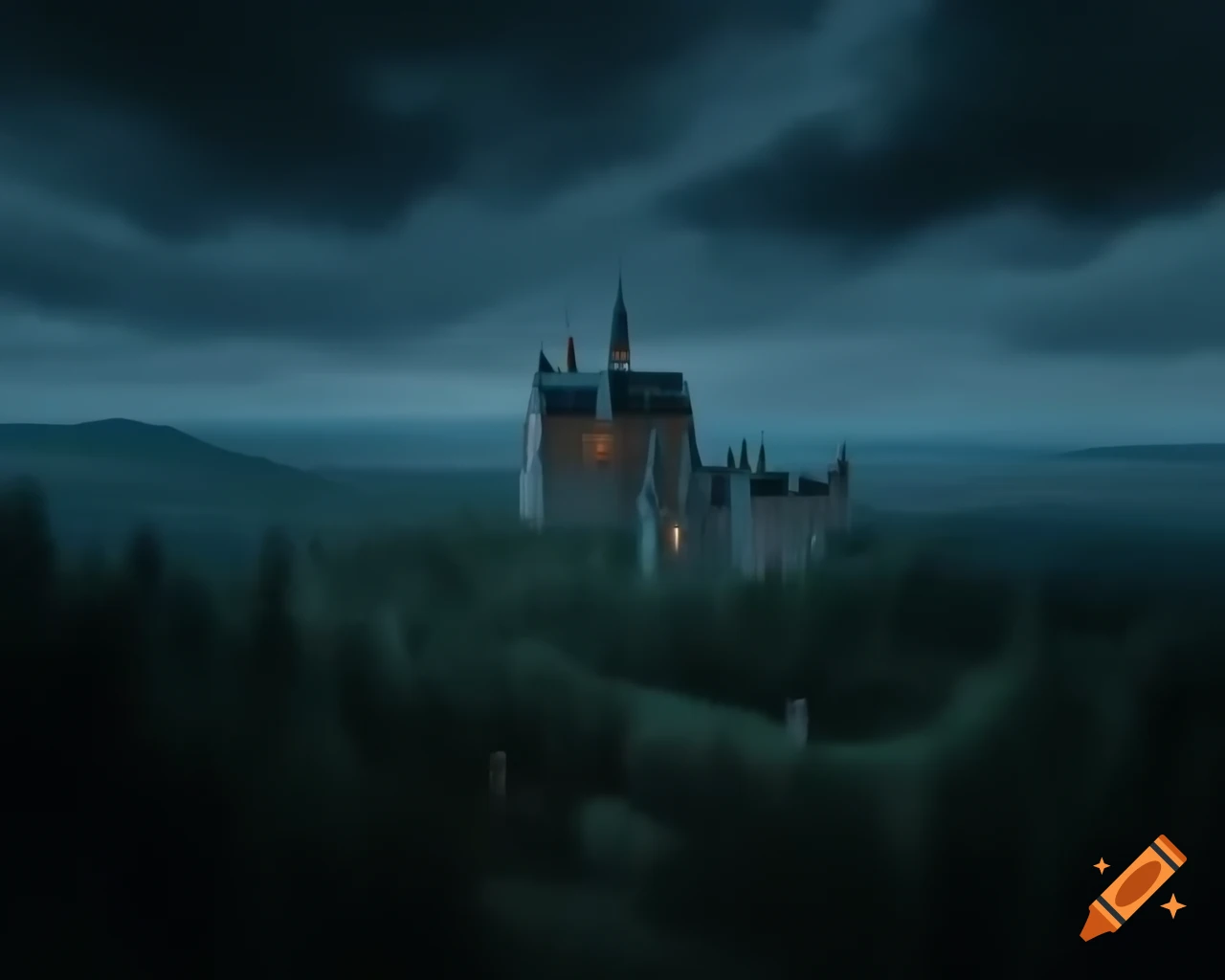 European castle with faint lights in dark landscape and forest during ...