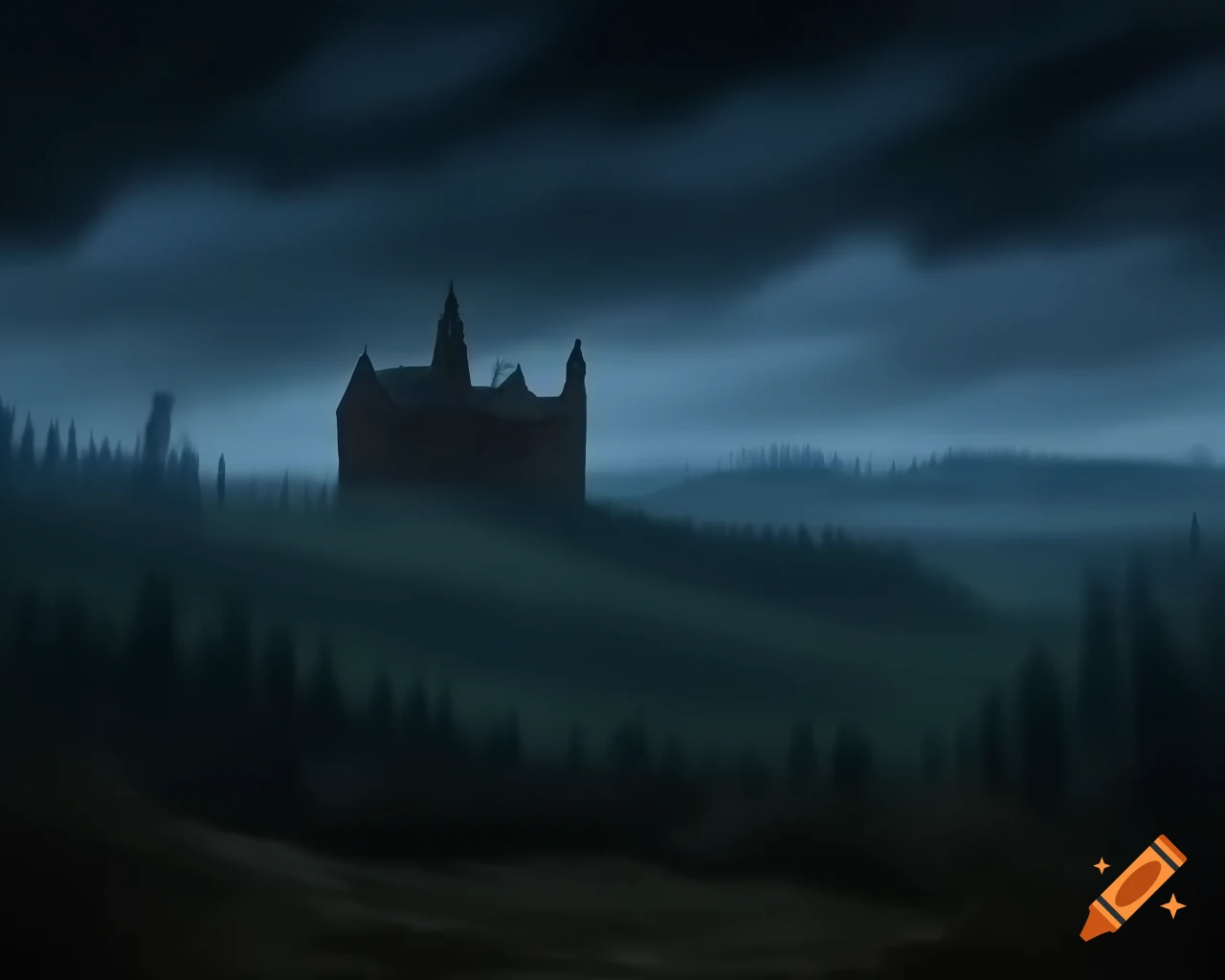 Western castle in dark landscape with bad weather and vast forest at ...