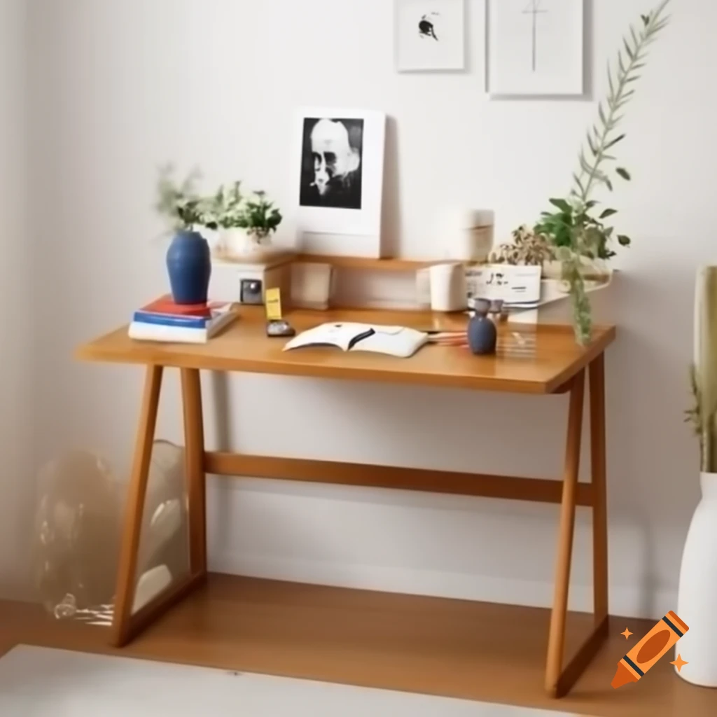 Minimalist study desk with books and flower vases on Craiyon