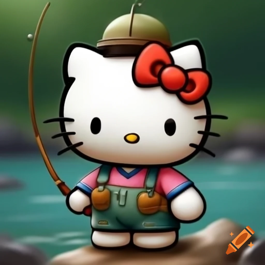 Hello kitty fishing with fly rod and hat on Craiyon