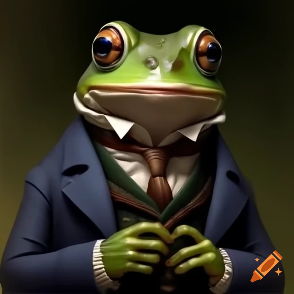 Dapper frog in Victorian suit adjusting monocle with sophistication on ...