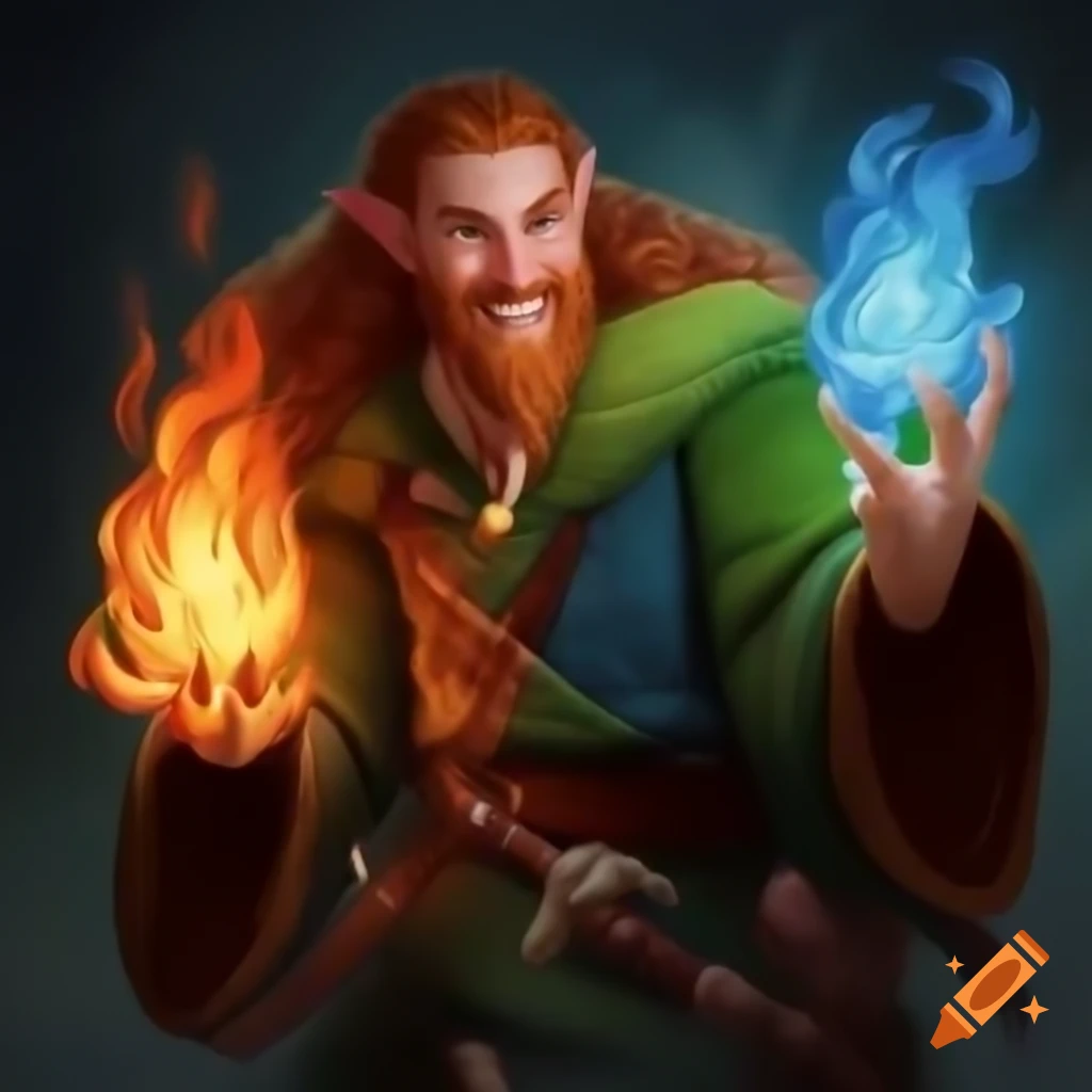 Hobbit mage wielding fire and ice elements, smiling with intensity on ...