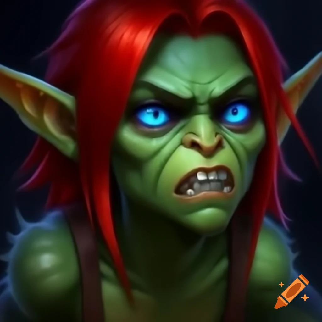 Angry female goblin with sharp teeth, red hair, blue eyes, and green skin on Craiyon