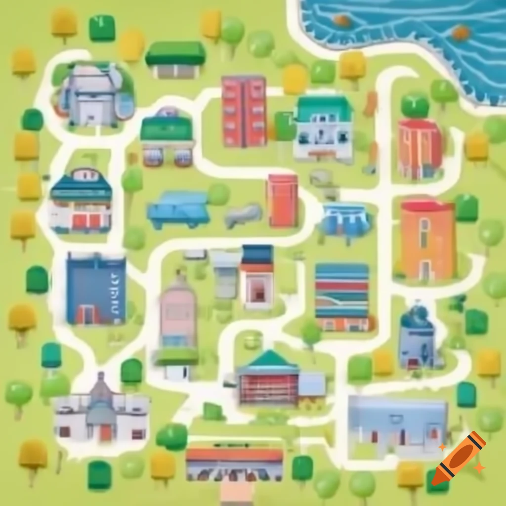 Cartoon-style city map featuring bank, bus station, café, library ...