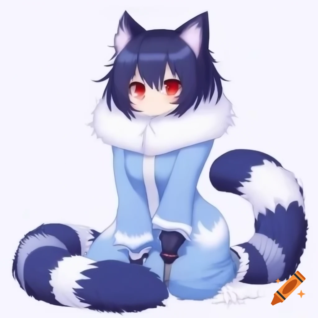 Anime-style feminine Inuit catgirl in deep snow with red eyes and ...