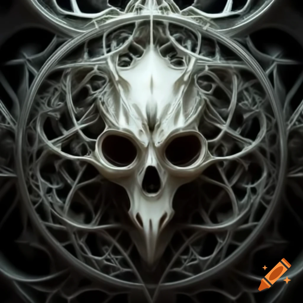 Fractal art featuring white alien skull and bone designs on Craiyon
